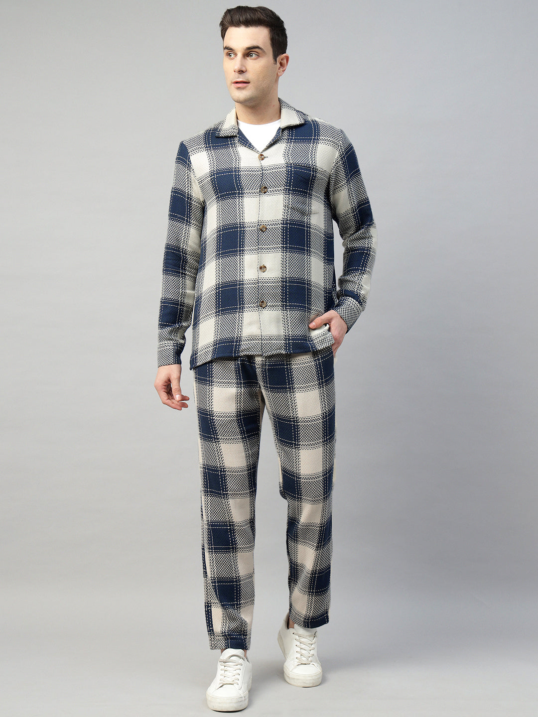 Hancock Men Cream & Navy Blue Checks Pure Cotton Relaxed Fit Night Wear ...