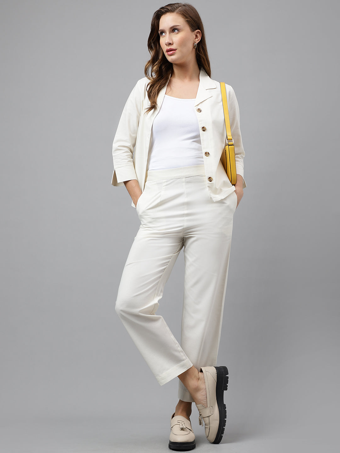 Hancock Women Pure Cotton Solid Cuban Collar Shirt & Elasticated Trous