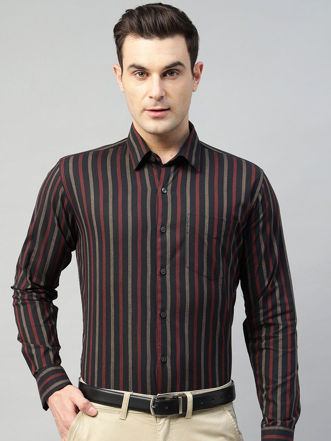 Hancock Men Black Stripes Pure Cotton Slim Fit Formal Shirt