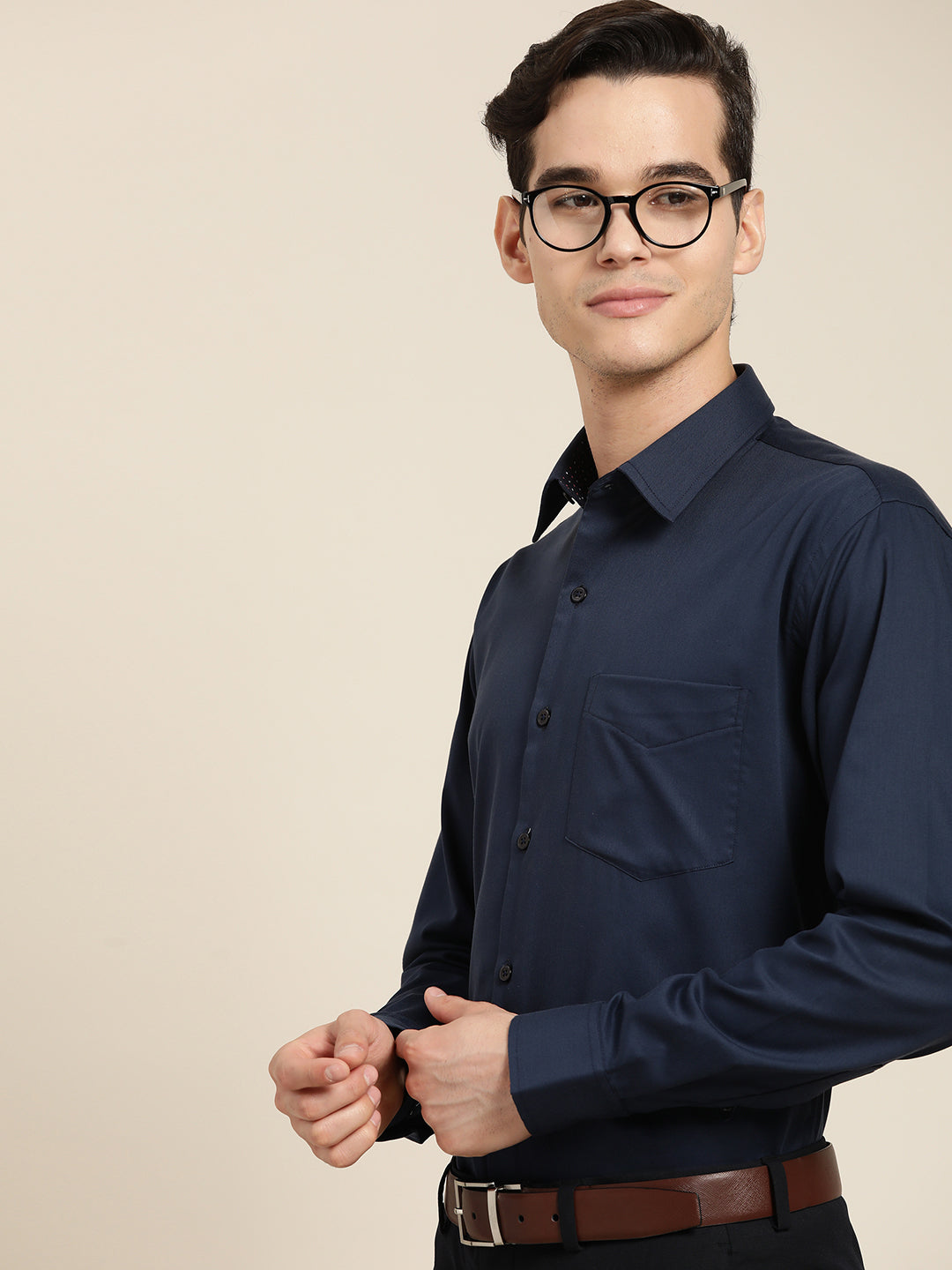 Men Navy Blue Pure Cotton Slim Fit Solid Formal Shirt