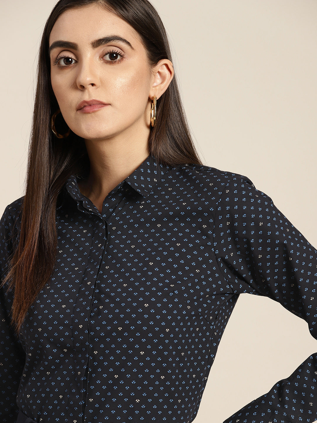 Women Navy & Blue Prints Pure Cotton Slim Fit Formal Shirt